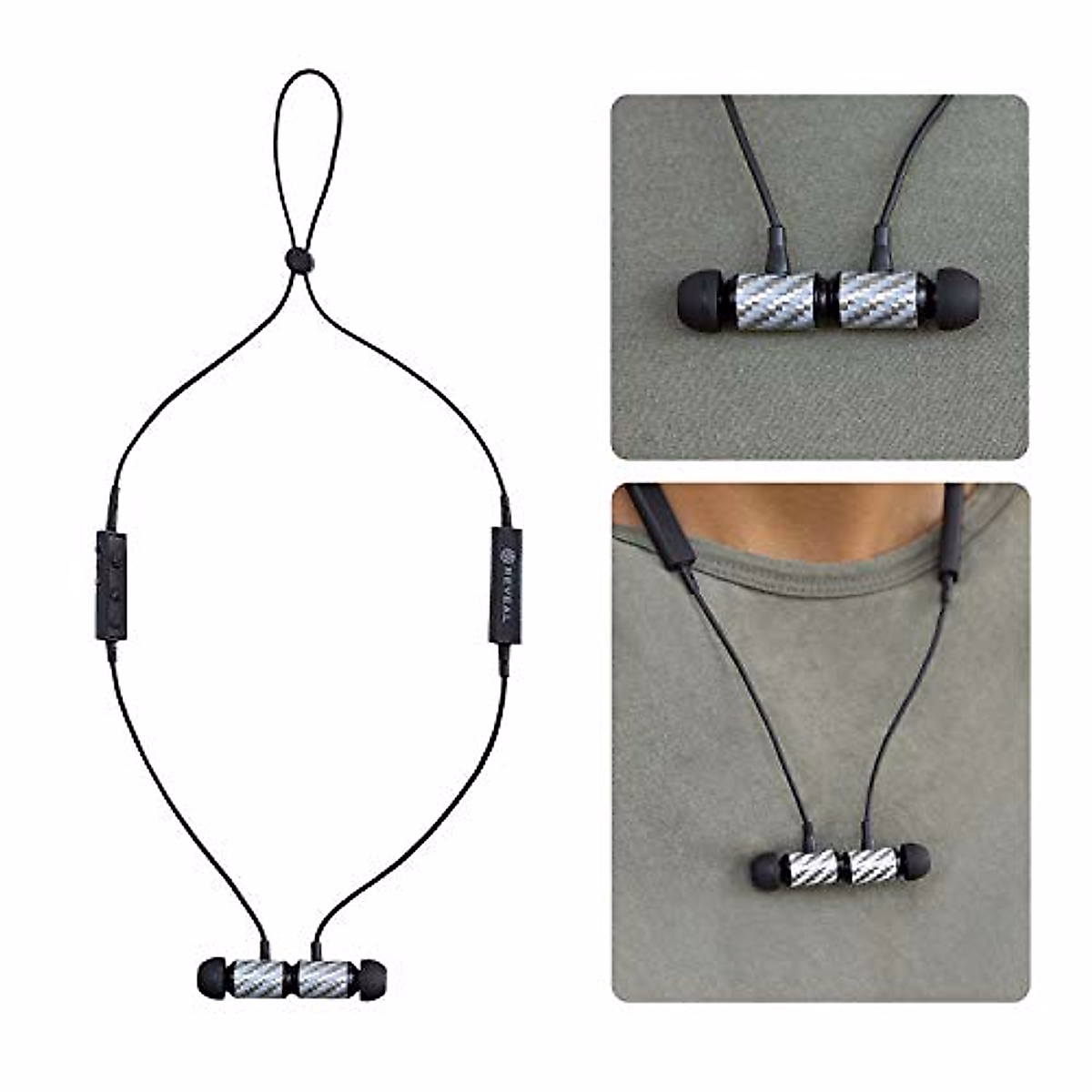 Reveal Bluetooth Earbuds - Magnetic, Wear on-The-go, Necklace Style Headphones Shop - Stylish Wireless Metallic in Ear Earphones Headset w/Microphone & Volume Control (Silver Metal Carbon Fiber)
