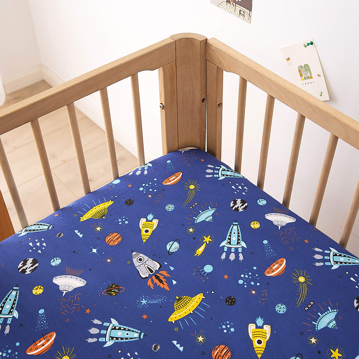 Brandream Baby Boys Crib Sheet Sets Outer Space, Rocket & Planet Fitted Crib Sheets,2 Pack Navy/White Baby Infant Newborn Crib Mattress Sheet 100% Cotton,Galaxy Theme