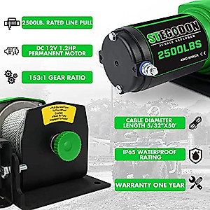 STEGODON 2500 lb. ATV/UTV Electric Winch, 12V Waterproof Steel Cable Winch,Electric Winch with Wired Remote for ATV UTV Towing, Boat, Off-Road