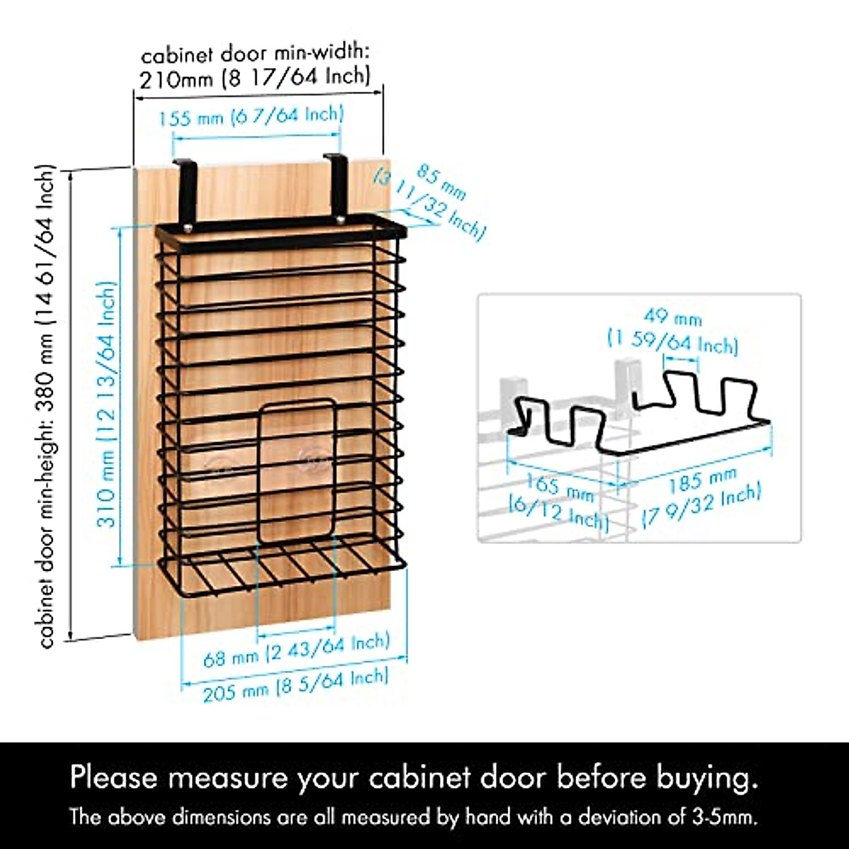 KES Plastic Bag Holder for Grocery Bags, Over The Cabinet Door Organizer, Hanging Trash Bag Holder Metal, Matte Black, KUR525-BK