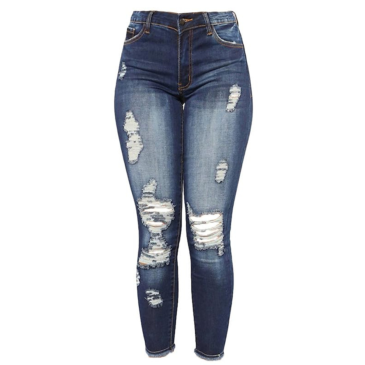 Andongnywell Women's Stretchy Ripped Hole Skinny Jeans Butt Lifting Distressed Denim Pants with Pockets Trousers Blue