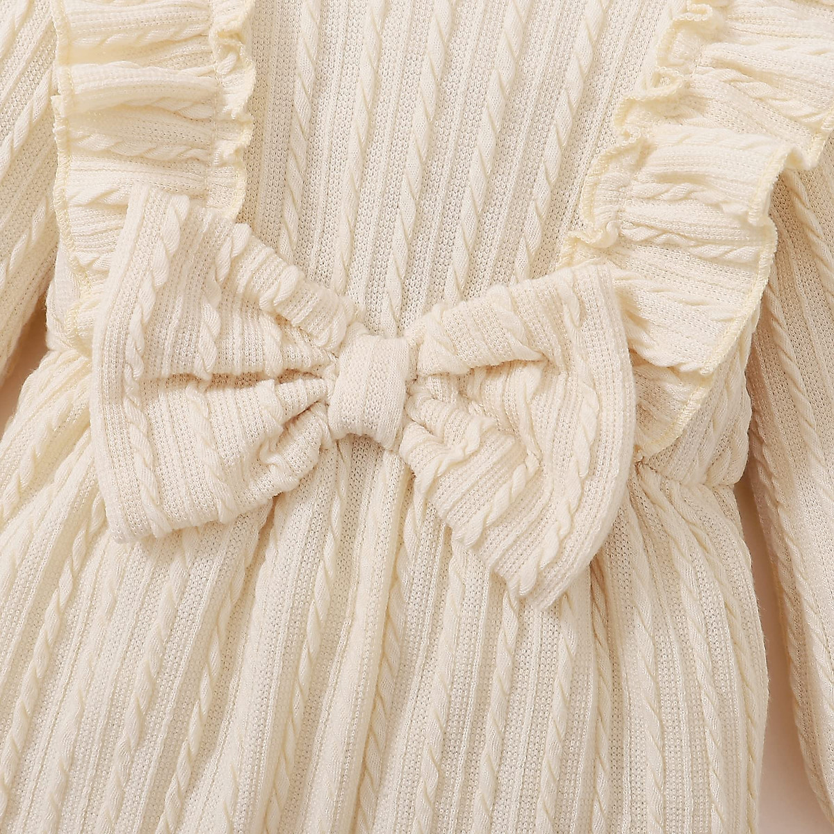 Happy Town Baby Girl Romper Infant Fall Winter Clothes Ruffle Sweater Long Sleeve Bodysuit Jumpsuit and Headband (Beige, 3-6 Months)