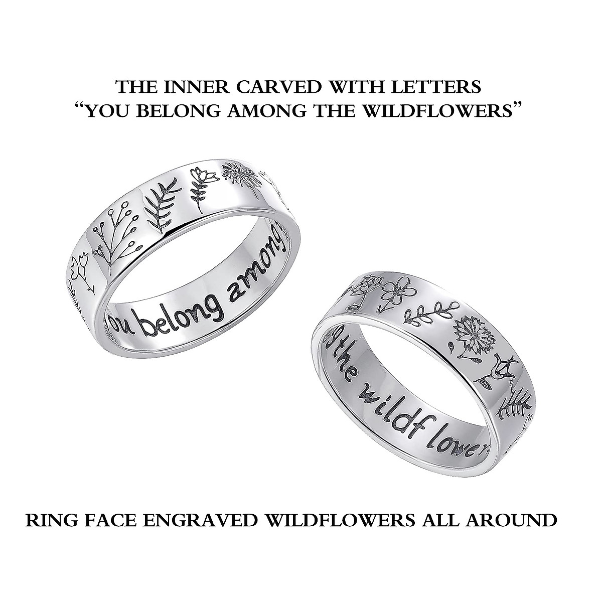 LOVECOM Wildflowers Rings 925 Sterling Silver Floral Rings for Women Bohemian Delicate You Belong Among the Wildflowers Ring Floral Daisy Ring Summer Spring Flower Finger Wedding Bands Jewelry Gifts