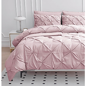 LANE LINEN Pink Comforter Set Queen Size with Sheets, Pillowcases & Shams, Pintuck Bedding Queen Size, Soft Queen Size Bed in a Bag Set, Pinch Pleated Queen Bed Comforter Set, Queen Bed Set for Girls