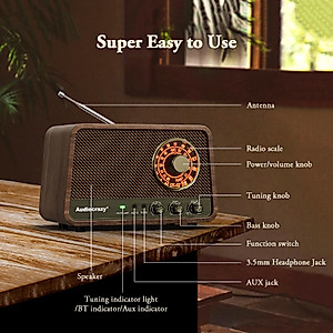 Audiocrazy AM FM Radio Retro Table Top Radio with Bluetooth Speaker,Vintage Wooden Finish Radio Plug in Wall for Home, Office,Aux in, Headphone Jack, Bass Control