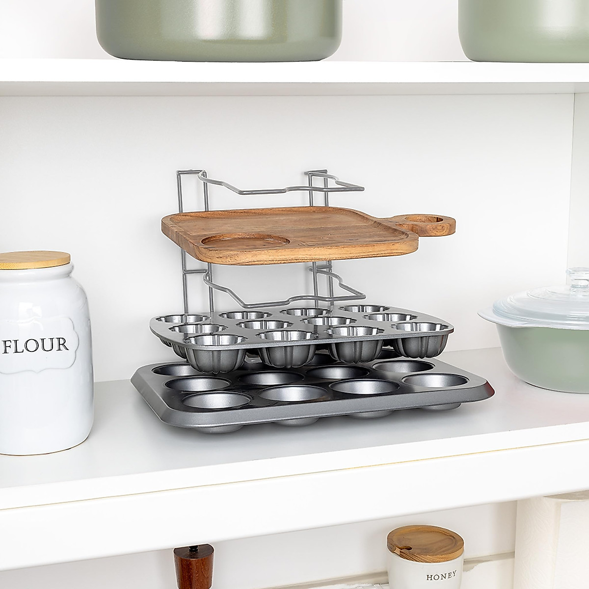 Smart Design Bakeware and Lid Storage Rack with 4 Compartment Dividers - Steel Metal Frame - Rust Resistant Finish - Cooking and Baking Pantry Organization - Kitchen 10 x 8 Inch - Light Blue