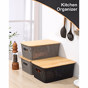 AREYZIN Storage Bins with Bamboo Lids Set of 6 Lidded Storage Container Plastic Baskets Organizer Bins for Organizing Kithen Room Bedroom Office Closet, Sturdy(Black)