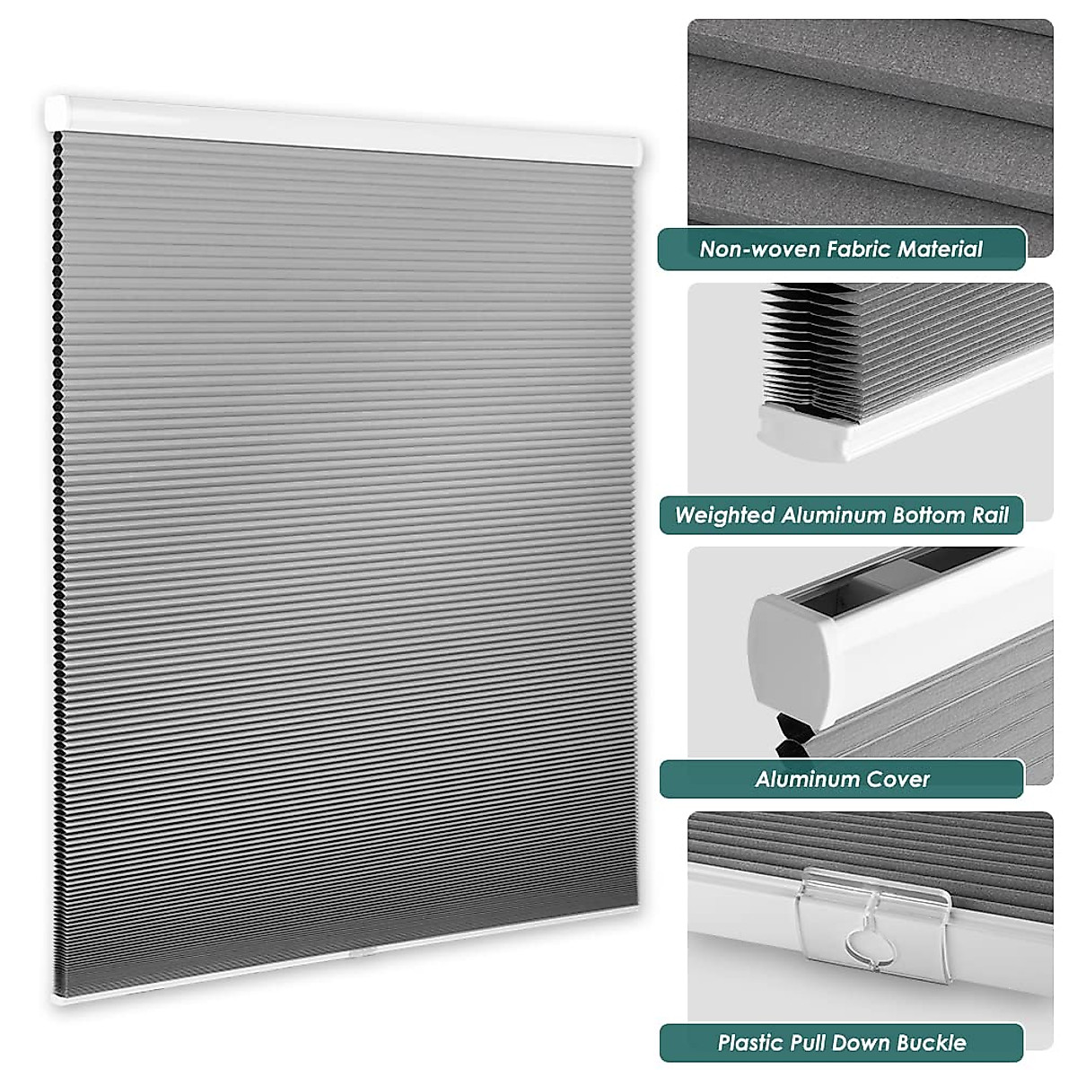 LUCKUP Cellular Shades Cordless Blackout Honeycomb Blinds, Room Darkening Pull Down Window Shade for Bedroom Living Room Nursery, 20'' W x 64'' H, Grey-White