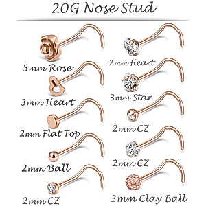 Tornito 20G 20Pcs Stainless Steel Nose Screw Studs Rings CZ Nose Ring Labret Nose Piercing Jewelry for Men Women (A1:20Pcs)