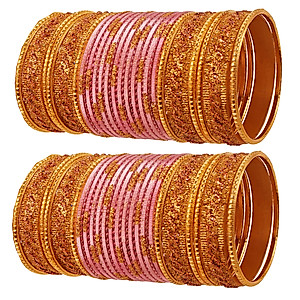 Touchstone Indian Bollywood Glamorous Fashion Wrist Enhancing Shimmering Golden Glitters Textured Peach Color Designer Jewelry Bracelets Bangle Chura. Set of 48 in Gold Tone for Women.