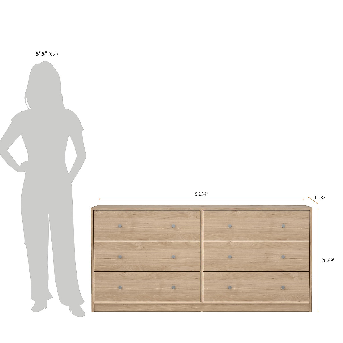 Tvilum 6 Drawer Double Dresser, Jackson Hickory