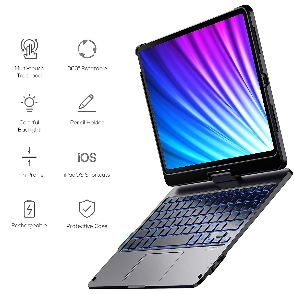 CHESONA iPad Air 5th Generation Case with Keyboard, (10.9-inch 2022) Touchpad 7 Color Backlit, 360° Rotatable, Slim Cover with Pencil Holder, Keyboard Case for iPad Air 5th/4th Gen, iPad Pro 11, Black