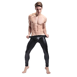 BaronHong Men's Faux Leather Tight Pants Man Night Club Metallic Leggings Long Trousers(black,M)