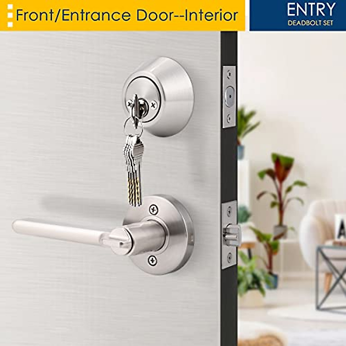 Front Door Entry Lever with Double Cylinder Deadbolts Combination Set, Satin Nickel Finish, Keyed Alike Exterior Entrance Lever Door Handle Set for Front/Back Gate Door, Pack of 2