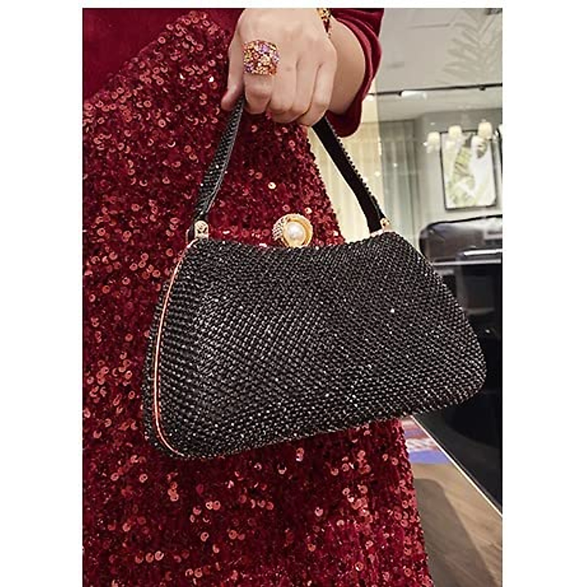 Anopo Rhinestones Clutch Purses Evening Handbag Bag Sparkly Bridal Lady Crossbody Chain Strap for Wedding Party Prom Club Black