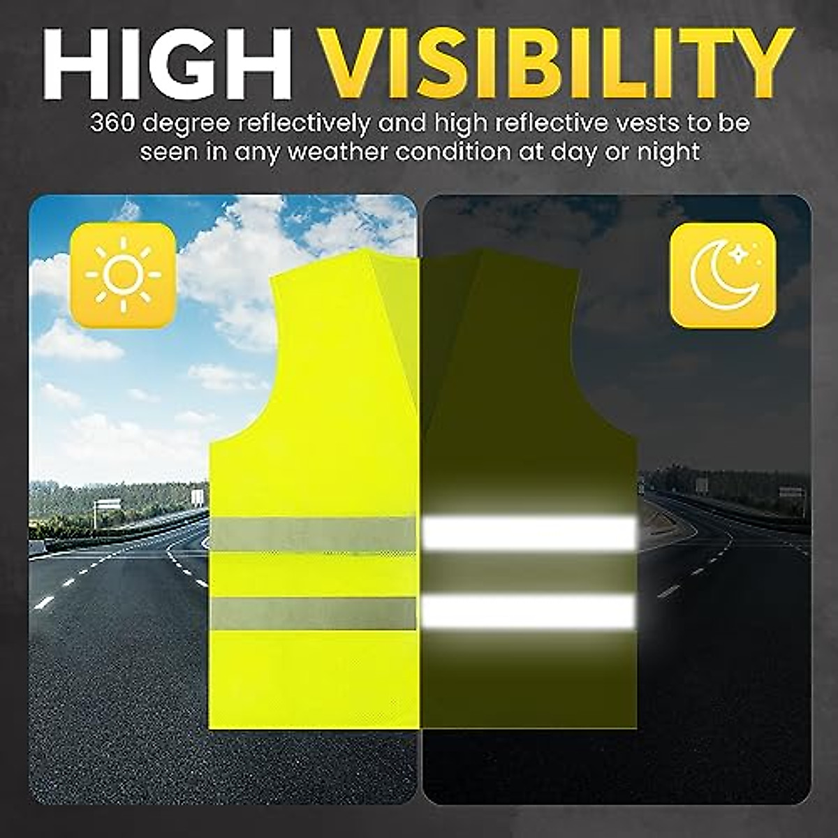 PeerBasics Safety Vests 10 Pack - Yellow Reflective High Visibility, Hi Vis Silver Strip, Men Women, Work, Cycling, Runner, Surveyor, Volunteer, Crossing Guard, Road, Construction, Neon (Mesh, 10)
