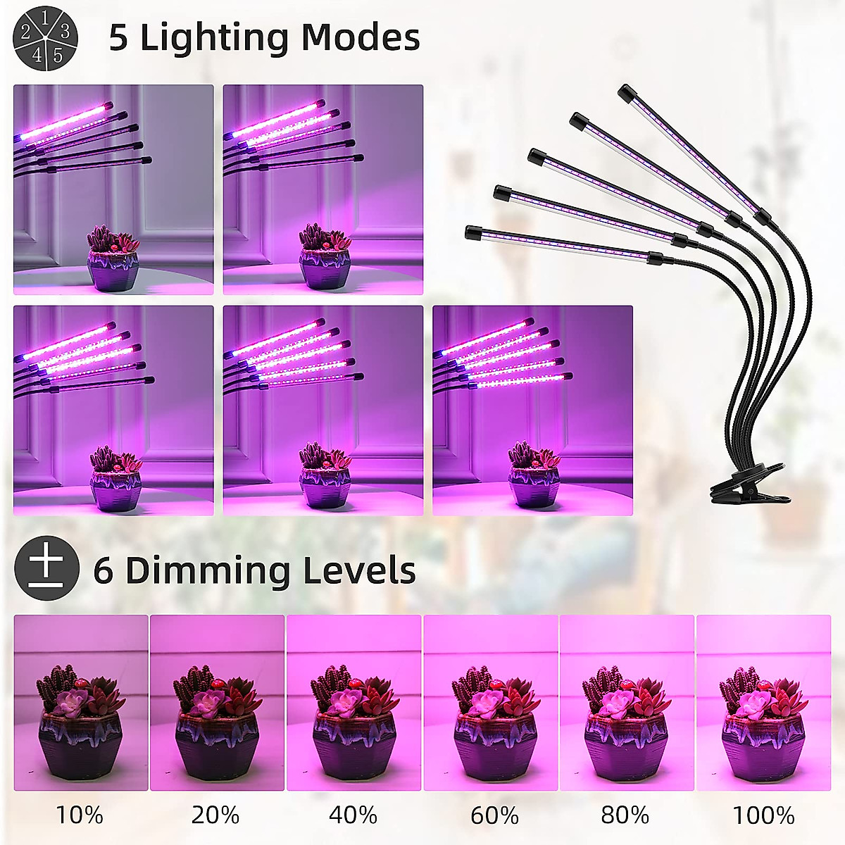 yoyomax Grow Light Plant Lights for Indoor Plants Full Spectrum LED Growing Lamps with Timer for House Greenhouse Seed Starting Succulent Growth Garden Seedlings (5 Heads)