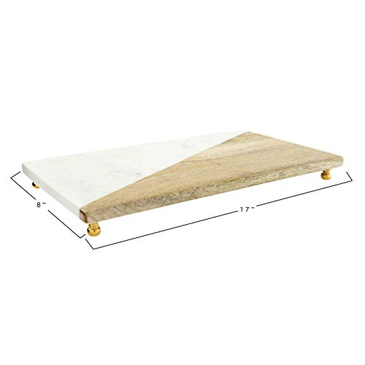 Creative Co-Op DF2367 Mango Wood & Marble Cutting Board/Serving Brass Feet Pedestal Tray, White