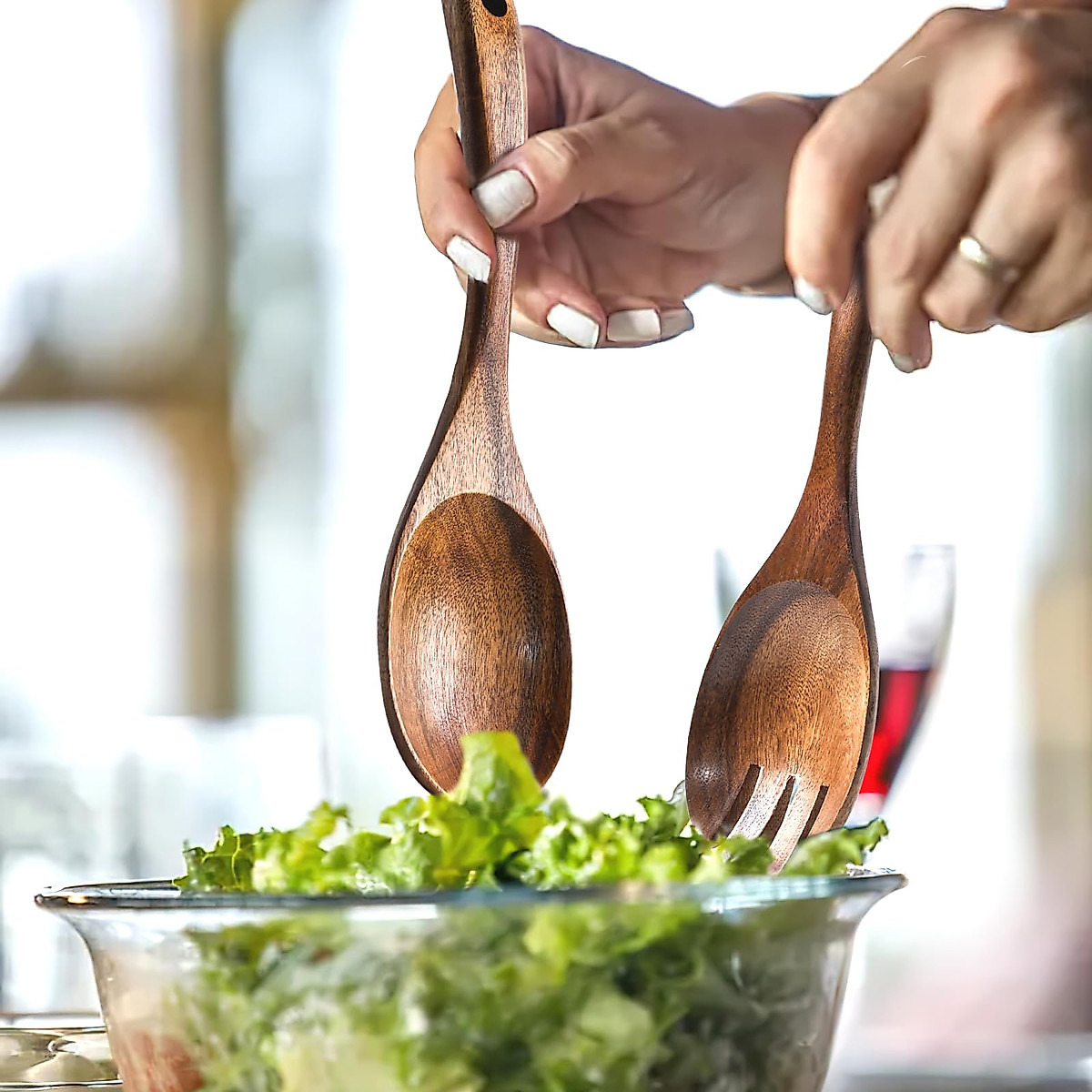 LOVEINUSA Salad Servers, 10.7in Wood Salad Tongs Salad Serving Set Salad Serving Tossing Utensils for Mixing, Tossing and Cooking