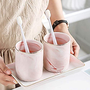 Cabilock 2PCS Bathroom Vanity Tray Marble Pattern Ceramic Toothbrush Holder Countertop Storage Organizer Decorative Jewelry Display Tray (Pink)