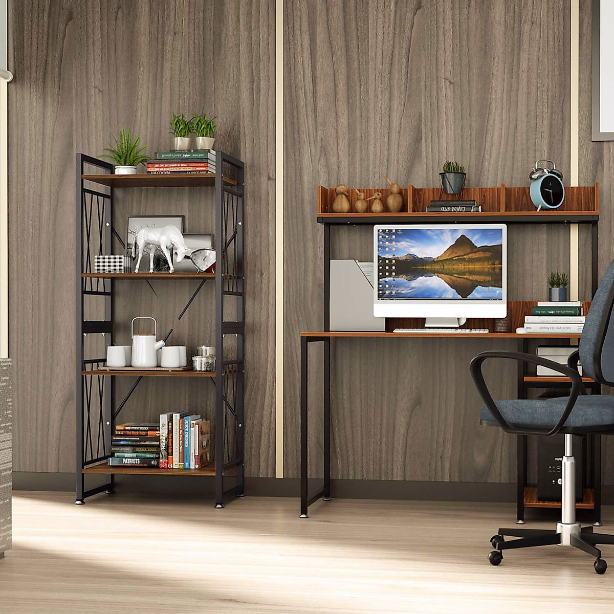 DEWEL Bookshelf 4 Tier Bookcase Shelf Storage Organizer Display Rack Modern Wood and Metal Shelves Open Standing Furniture for Home Office Study Kitchen - Elm Brown