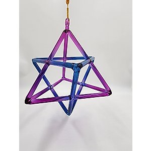Yantra 8 Inch Violet Blue Colored Chakra Healing Optically Clear Crystal Singing Merkaba Pyramid with Hanging Rope and 1 Suede Stick