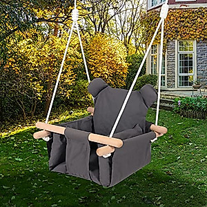 RedSwing Canvas Baby Swing, Wooden Hanging Swing Seat Chair Indoor Outdoor, Toddler Swing Seat with Safety Belt, Baby Hammock Swing for Backyard, Dark Gray