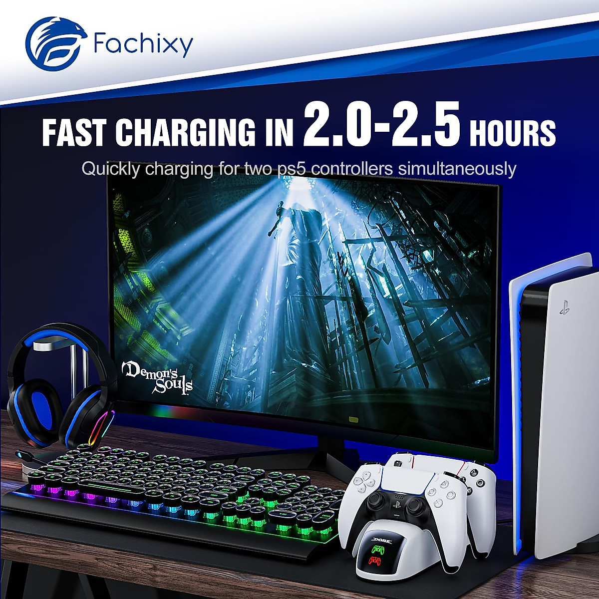 Fachixy PS5 Controller Charging Station with Fast Charging Cord PS5 Controller Charger Station Dual Charging Dock for PlayStation 5 Remote Controller Accessories with LED Lights White Black