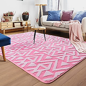 Unirea Geometric Shag Area Rugs, Pink Rugs for Bedroom Girls, 3x5 Feet Machine Washable Small Rug Memory Foam Fluffy Carpet for Kids Living Room Dorm Nursery Bedside Play Mat Accent Home Decor