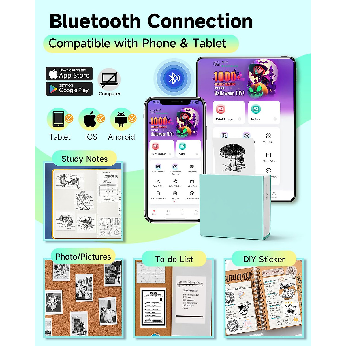 Memoking Print Pods Mini Printer - Inkless Sticker Printer Machine M02 Print Pod Bluetooth Portable Mini Printer for iPhone Thermal Pocket Printer Sticky Note Printer for Note, Photo, DIY, Scrapbook