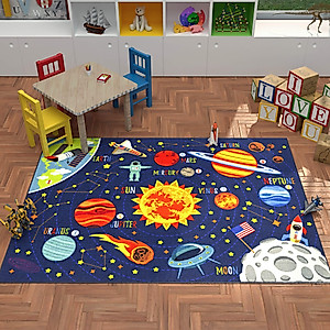 KC Cubs Outer Space Solar System Road Play Educational Learning & Fun Game Boy & Girl Kids Rug Carpet for Children Bedroom, Toddler Classroom and Baby Playroom Floor Mat, Playtime Adventure Activity