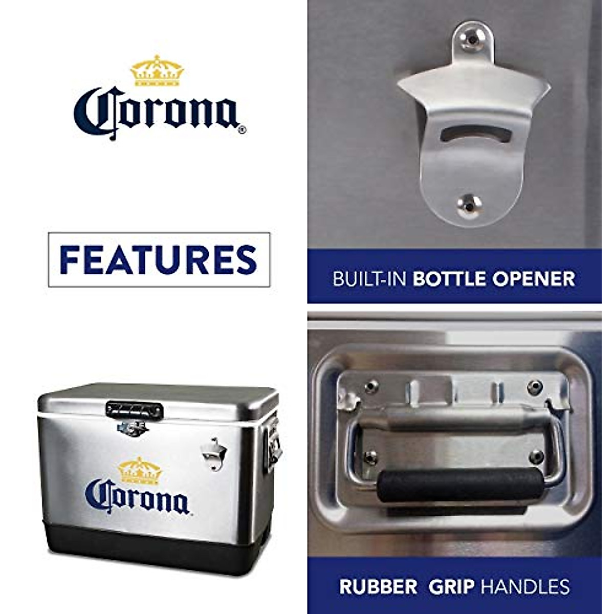 Corona Ice Chest Beverage Cooler with Bottle Opener, 51L (54 qt), 85 Can stainless steel Portable Cooler, Silver and Black, for Camping, Beach, RV, BBQs, Tailgating, Fishing