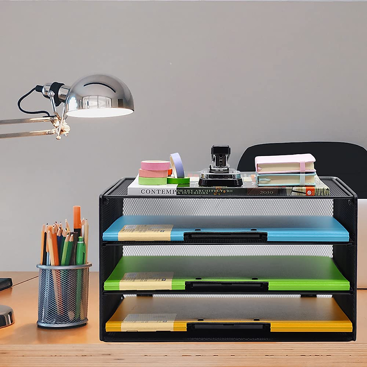 COSYAWN Paper Letter Tray Organizer, 3 Tier Mesh File Tray Desktop Paper Sorter, Black