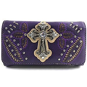 Zelris Fall Fern Leaf Western Cross Women Crossbody Wrist Trifold Wallet (Purple)