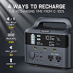 Fanttik EVO 300 Portable Power Station, 299Wh Backup Power Supply, Real-Time Monitoring, 2 AC 110V/300W(Peak 600W) Pure Sine Wave Outlets, for Outdoors Camping Travel RV Emergency