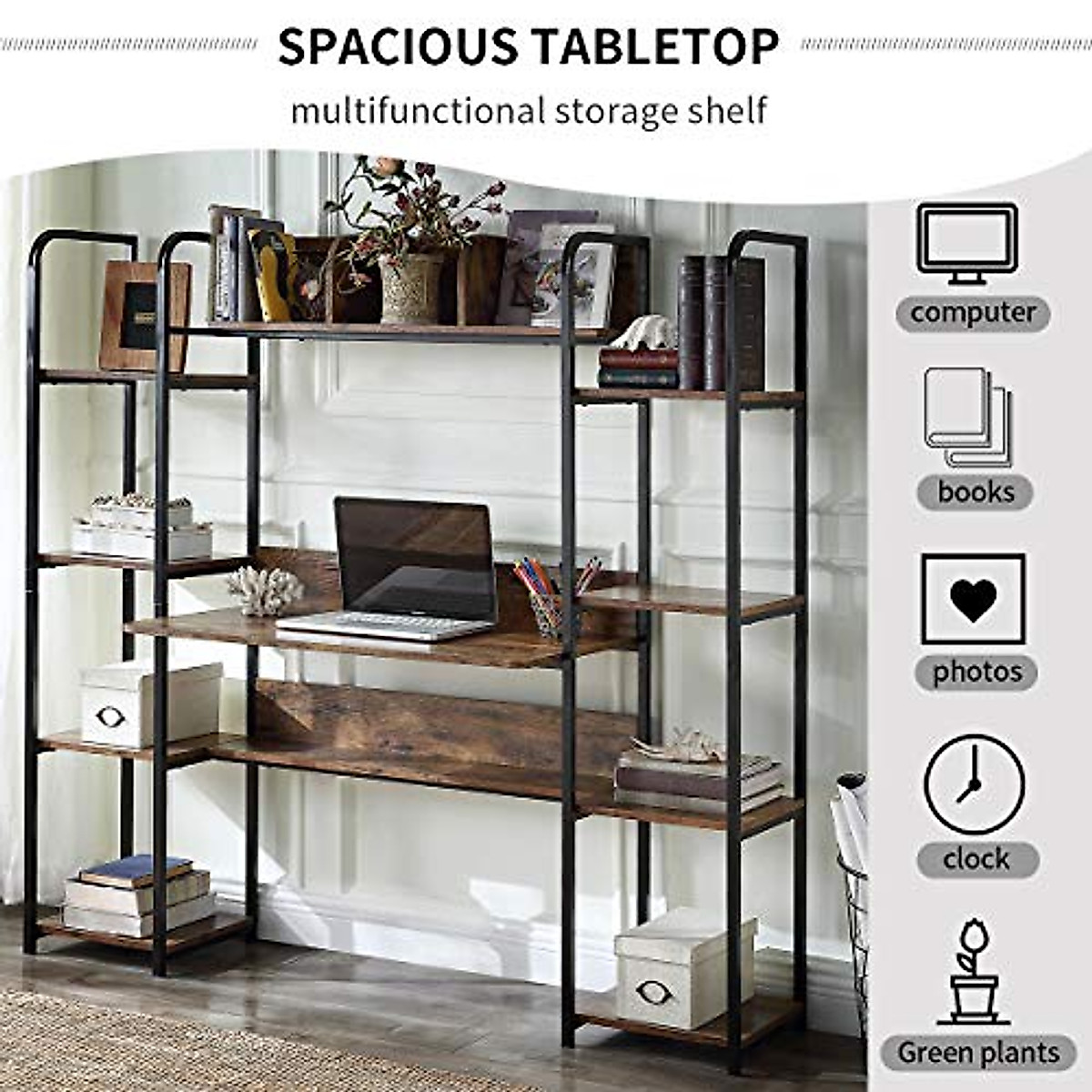 Goujxcy Industrial Computer Desk with Storage Hutch Shelves Bookshelf, Wooden Metal Laptop Workstation Reading Writing Desk, Brown Home Office Desk