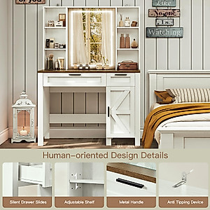usikey Farmhouse Makeup Vanity Desk with Mirror and Lights, Glass Tabletop Makeup Vanity with Adjustable Shelves, Vanity Table Set with 2 Drawers and Side Cabinet for Bedroom, White