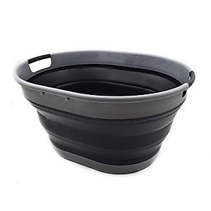 SAMMART 25L(6.6 gallon) Collapsible Oval Laundry Basket-Foldable Storage Container/Organizer-Portable Washing Tub-Space Saving Hamper-Pet Bath Tub,Water capacity 20L(5.28 gallon) (Grey/Black)