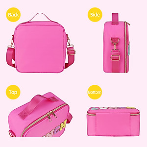 Lunch Bag for Women, Insulated Lunch Box for Girls, Personalized Preppy Lunch Box with Adjustable Shoulder Strap, Reusable Lunch Tote Bag with Letter for Kids Adult, School Office Picnic(rosy red)