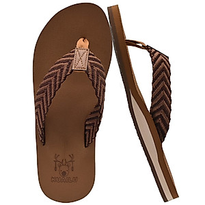 KuaiLu Men's Yoga Mat Leather Flip Flops Thong Sandals with Arch Support Khaki Brown Size 10