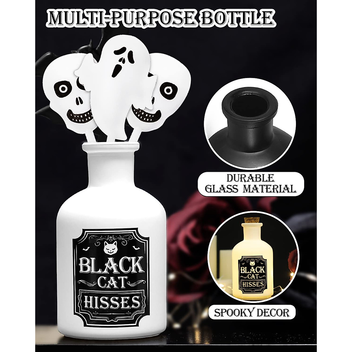 Halloween Centerpieces Potion Bottles with Cork Stopper Black and White Halloween Party Hocus Pocus Glass Tiered Tray Jar Decorations Spooky Mini Vases decor for Indoor Table Living Room Set of 3