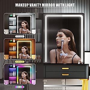 Makeup Vanity Desk with Lights: Vanity Table with Mirror - Dressing Table with Wireless Charging Station & RGB Lights Mobile Vanity with Drawer Glass-Top Design Girls Black Vanity for Bedroom