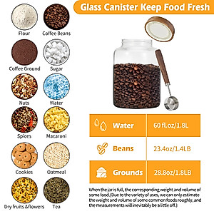 Large Glass Coffee Jars with Spoons 60 oz /1800ml, Round Storage Canister with Wooden Lid Clear Glass Food Jar for Pantry Sugar Tea Coffee Bean Spice Nuts Cookies Bath Salts (1800ml/60oz)