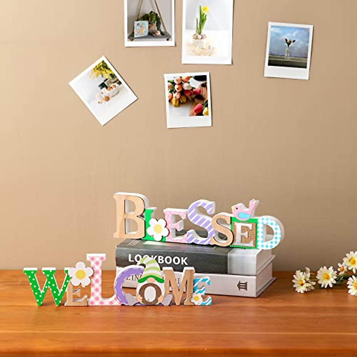 hogardeck Spring Decorations for Home, 2 Pcs WELCOME BLESSED Wood Sign Spring Decor, Rustic Gnome Flower Bird Wooden Block Set Table Centerpiece Farmhouse Ornaments for Mantle Tabletop Tiered Tray Home Decor