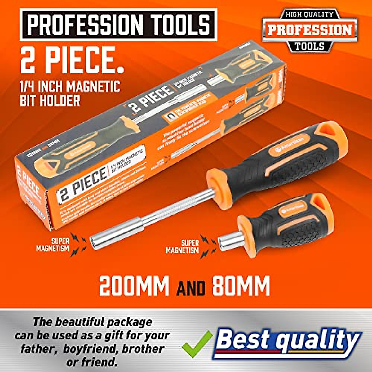 Amartisan 2-Piece 1/4" Bit Driver Magnetic Screwdriver Bit Holder, 200mm and 80mm Long, Screwdriver Handle for Magnet Tip