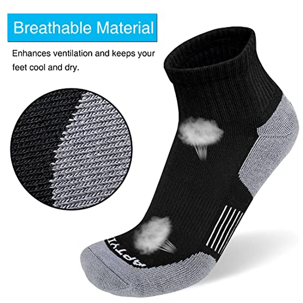 APTYID Men's Moisture Wicking Athletic Ankle Socks, Size 9-12, Black, 6 Pairs