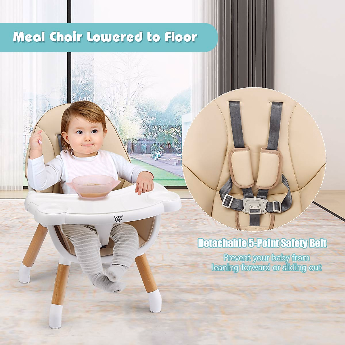 BABY JOY 5 in 1 High Chair, Convertible High Chairs for Babies and Toddlers/Booster Seat/Table and Chair Set, Infant Wooden Highchair w/ 5-Point Harness, 4-Position Removable Tray & PU Cushion (Khaki)
