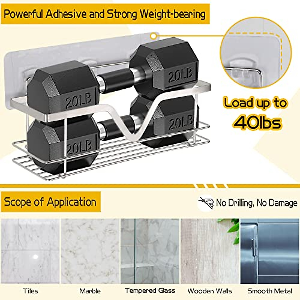 SIXDOVE Shower Caddies 2 PACK - No Drilling Adhesive Shower Organizer with Hooks, Rustproof SUS304 Stainless Steel Bathroom Shower Shelf, Shower Rack Large Shower Holder & Kitchen Storage (Silver)