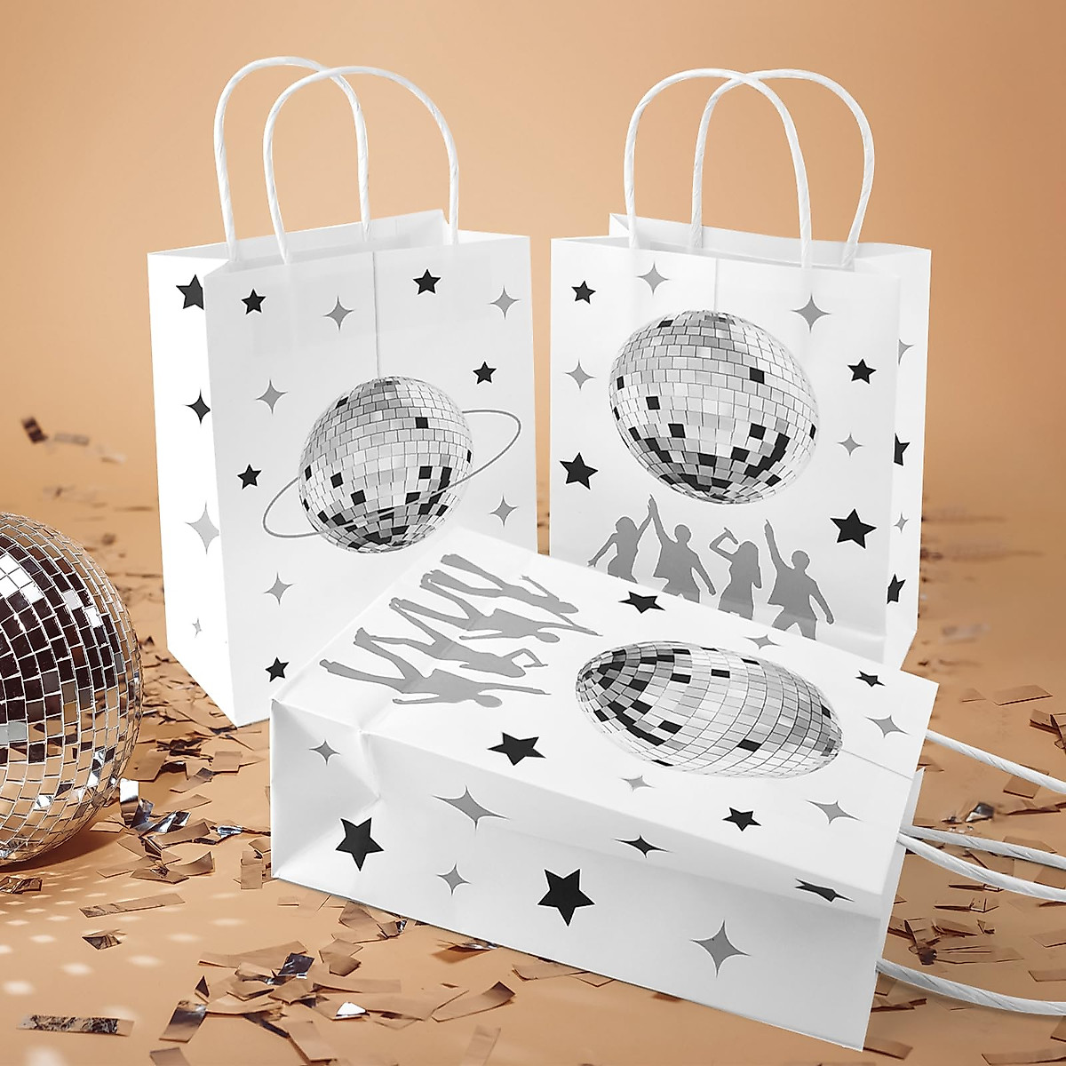 36 Pcs Disco Ball Gift Bags Disco Party Disposable Gift Bag 70s Disco Party Supplies for Candy Goodies Gifts, Disco Paper Bags with Handles for Wedding Bachelorette Party Decoration (White)