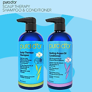 PURA D'OR Scalp Therapy Shampoo & Conditioner Set (16oz x 2) Dry, Itchy Scalp-Hydrates & Nourishes Hair w/Tea Tree, Peppermint, Argan Oil & Biotin, All Hair Type, 3 in 1, Men Women (Packaging Varies)